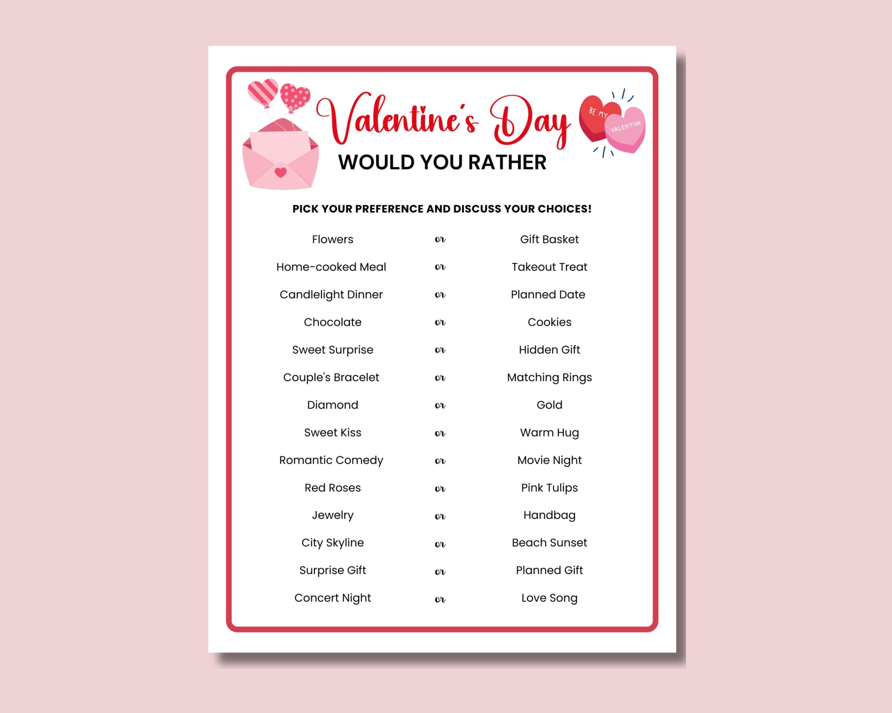 Valentine Would You Rather Game Printable Valentine Day Party Game ...