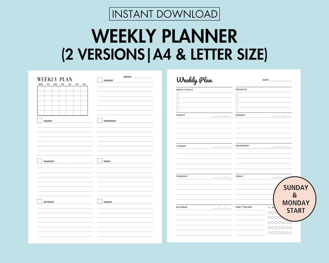 Weekly Planner Printable Weekly Organizer PDF Minimal Weekly Schedule ...