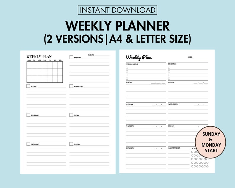 Weekly Planner Printable Weekly Organizer PDF Minimal Weekly Schedule ...