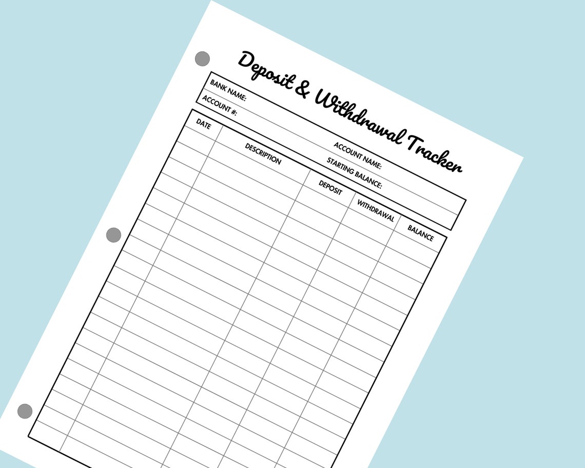 Deposit & Withdrawal Tracker Printable, Bank Account Ledger, Checkbook ...