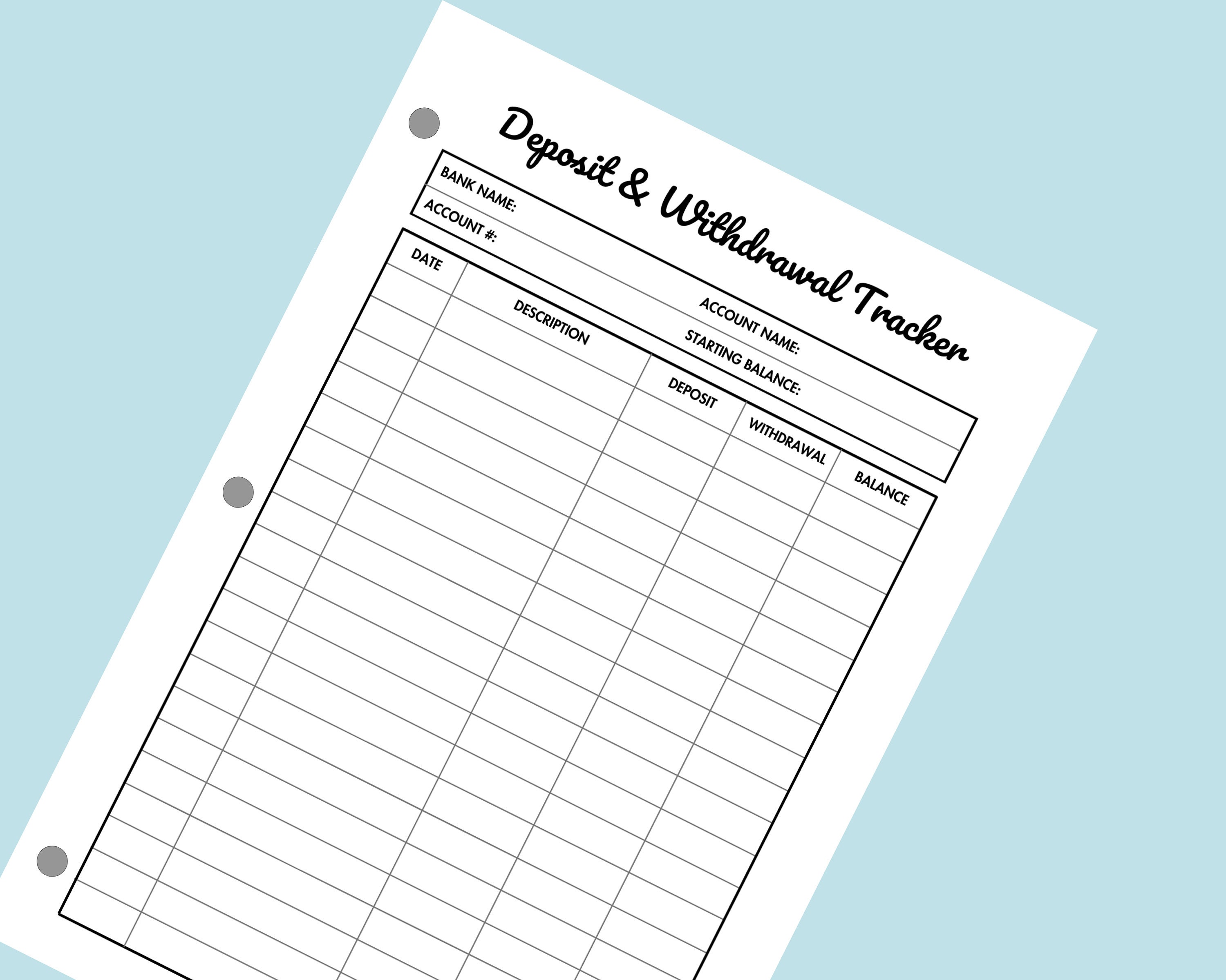 Deposit & Withdrawal Tracker Printable Bank Account Ledger PDF ...