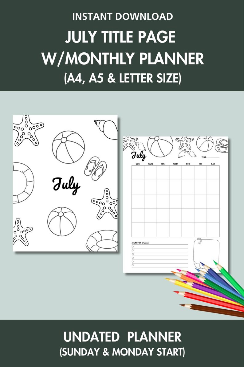 July Journal Title Page & July Monthly Planner Undated Printable July ...