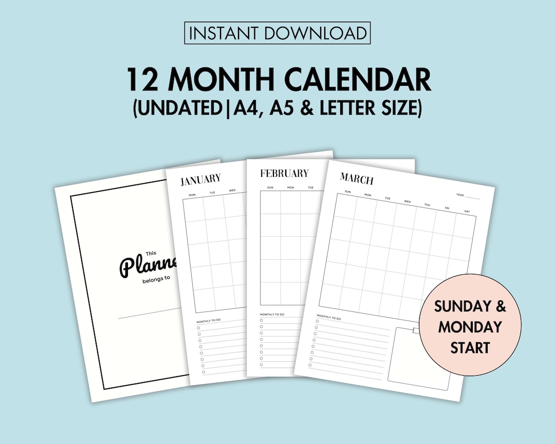 Monthly Calendar Undated Printable Minimalist Monthly Planner Undated ...