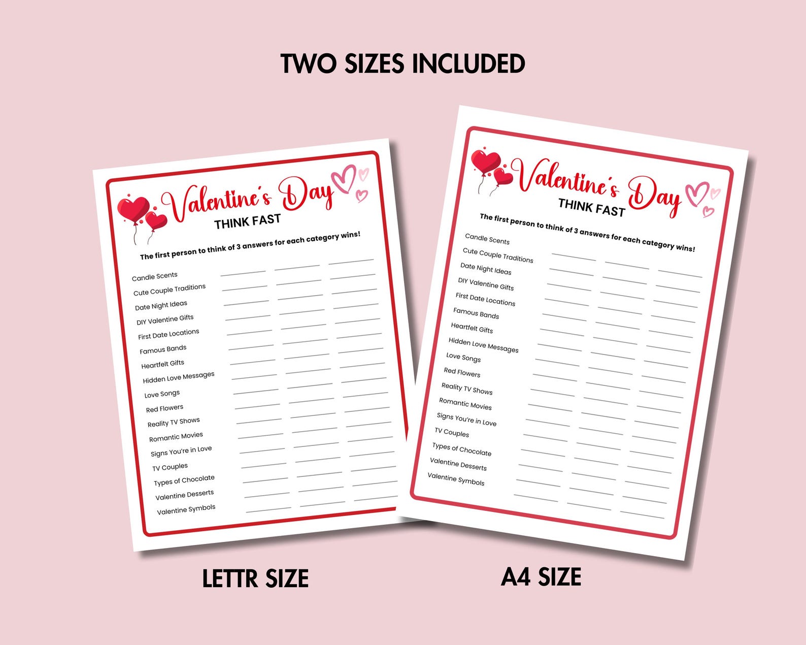 Valentine Think Fast Game Printable Valentine Day Party Game Instant ...