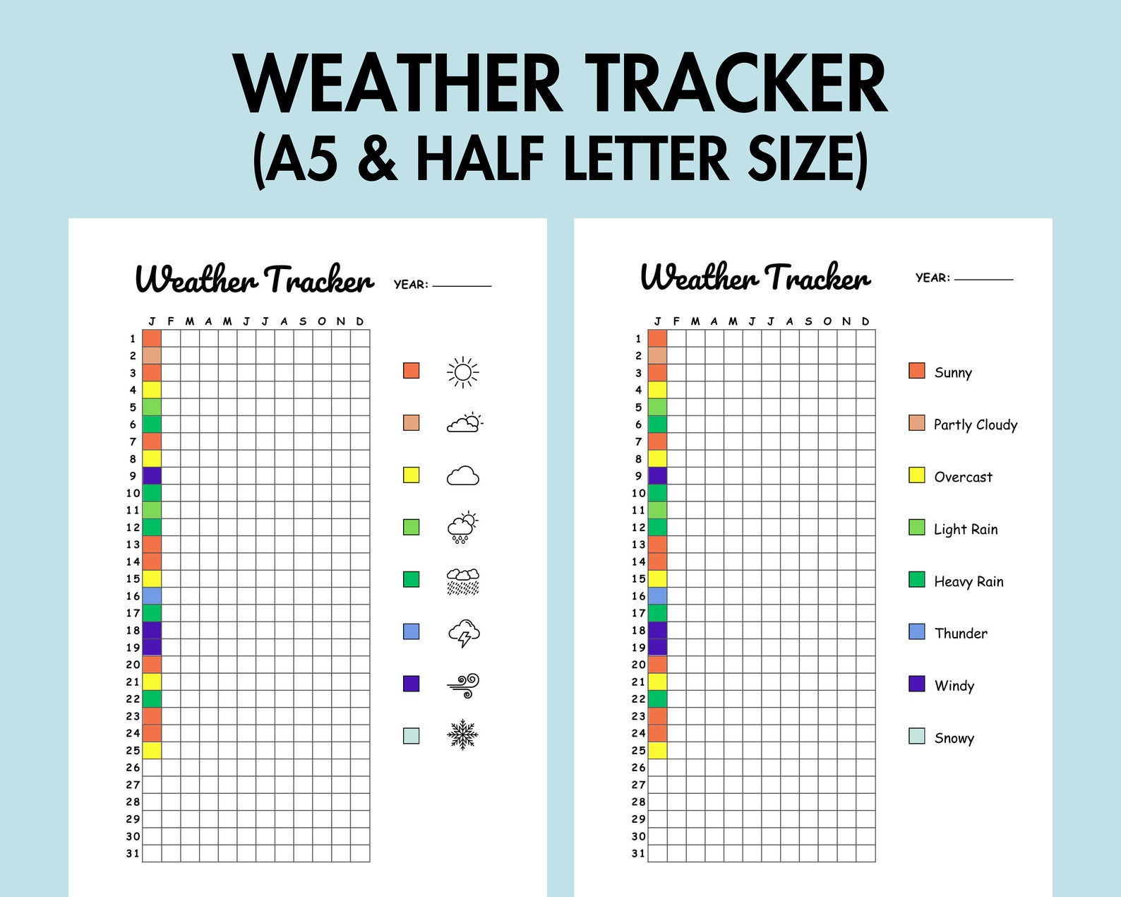 Weather Tracker Printable Daily Yearly Pixel Weather Monitoring Chart ...