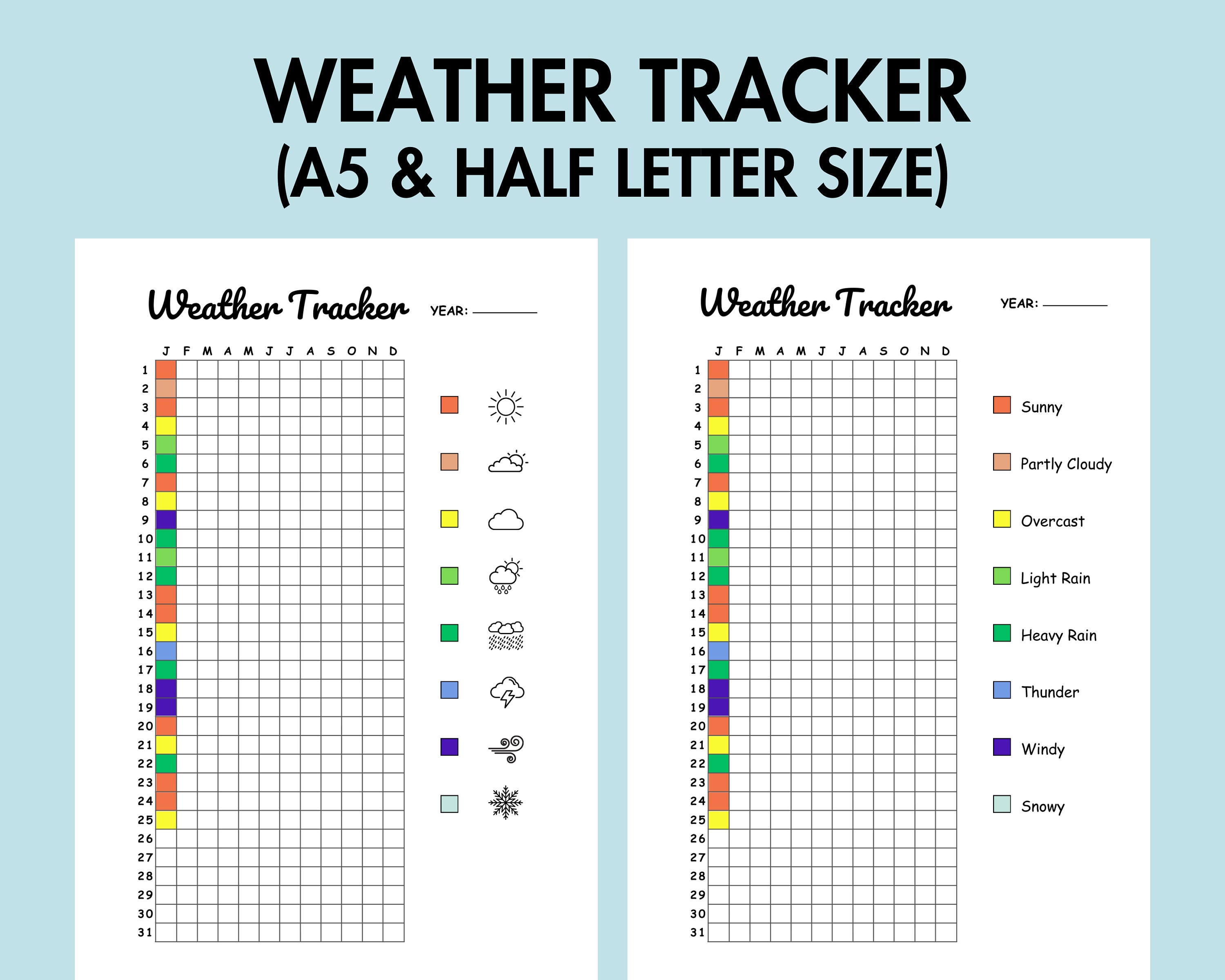 Weather Tracker Printable Daily Yearly Pixel Weather Monitoring Chart ...