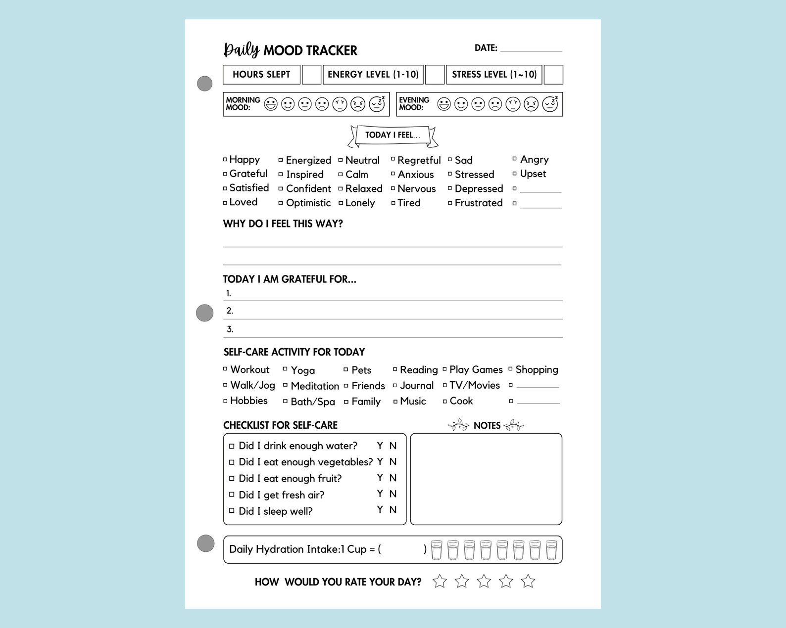 Daily Mood Tracker Printable Mood Journal, Self Care Checklist, Daily ...
