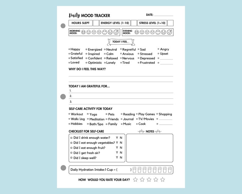 Daily Mood Tracker Printable Mood Journal, Self Care Checklist, Daily ...