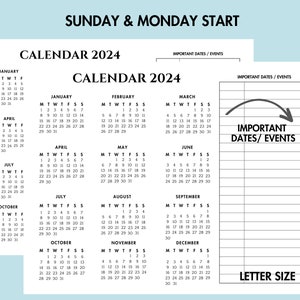 2024 Yearly Calendar With Important Dates, Year at a Glance Calendar ...