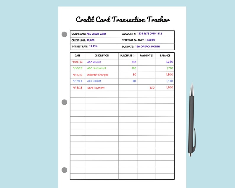 Credit Card Transaction Tracker Printable Debt Tracker PDF, Personal ...