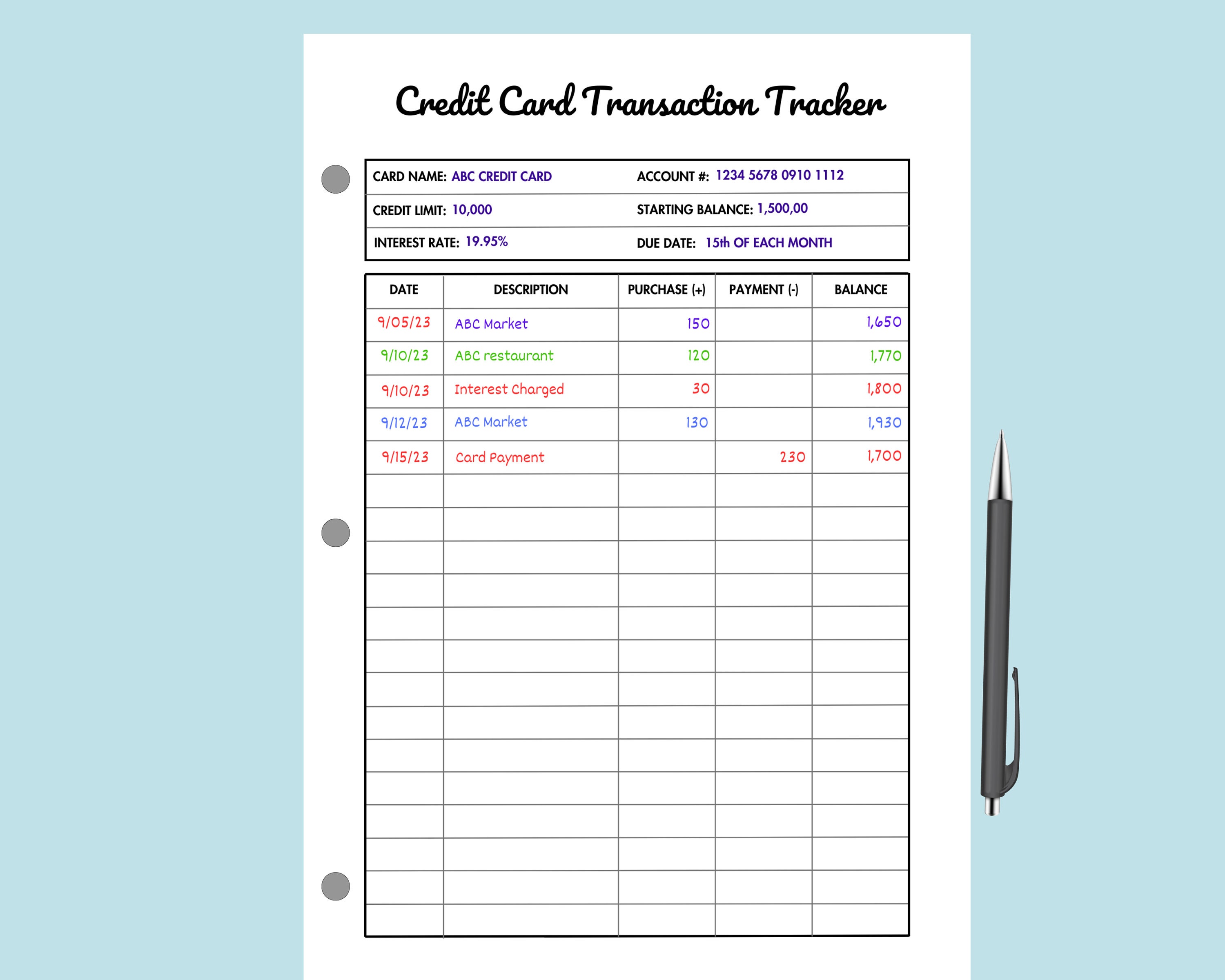Credit Card Transaction Tracker Printable Debt Tracker PDF, Personal ...