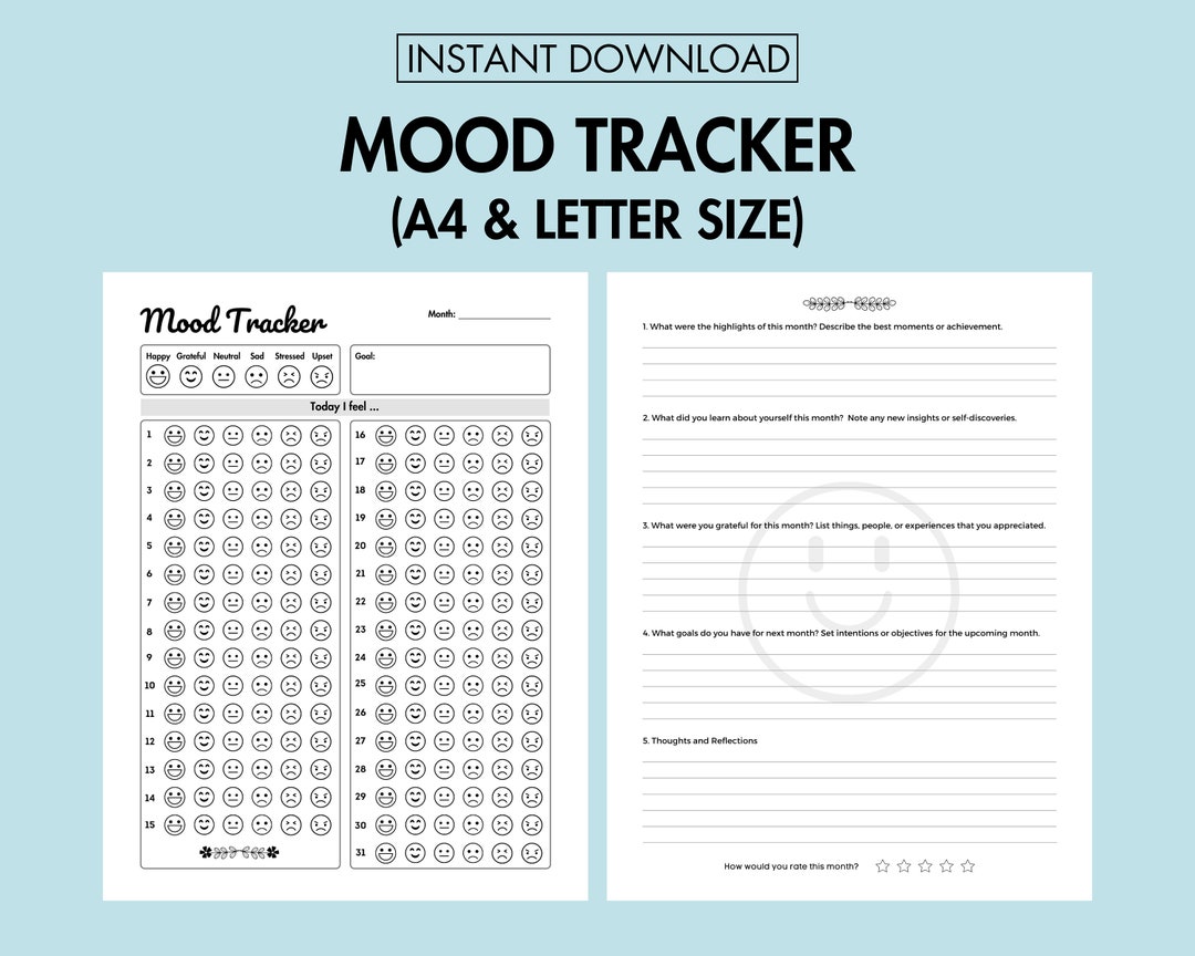 Mood Tracker With Journal Prompt Printable Daily Monthly Mood Journal ...