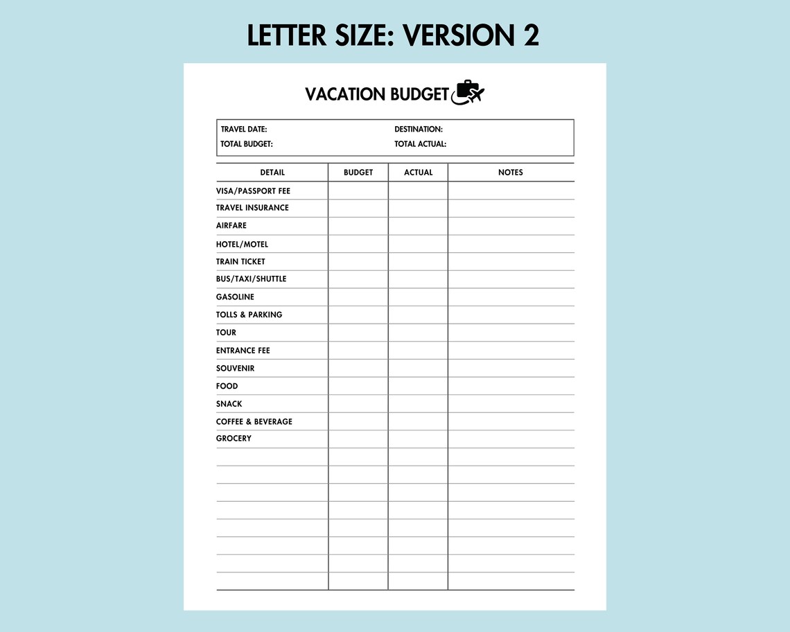 Vacation Budget Planner Printable Travel Financial Tracker Vacation ...
