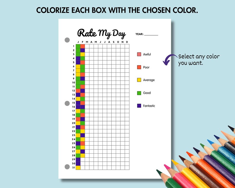 Rate My Day Tracker Printable Daily Rating Tracker Year in Pixels ...
