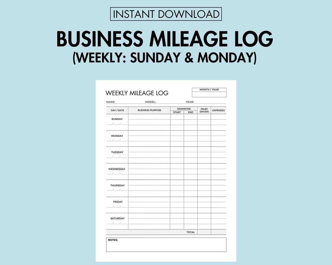 Weekly Business Mileage Log Printable Weekly Mileage Log Tracker PDF ...