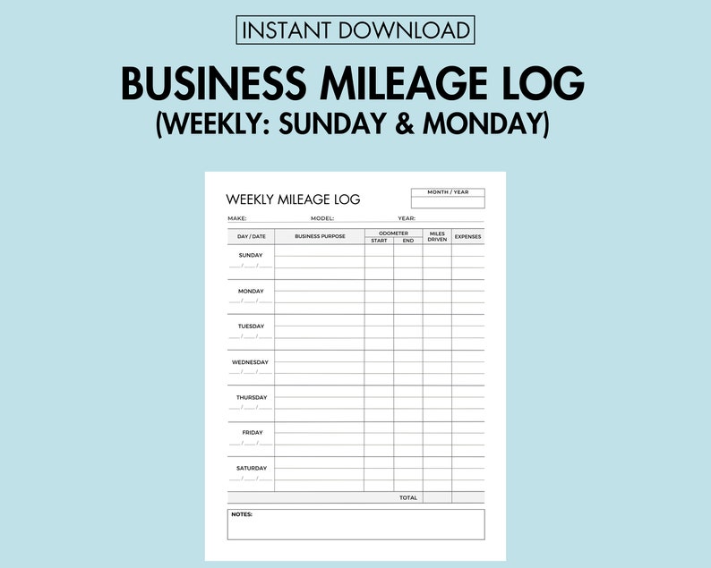 Weekly Business Mileage Log Printable Weekly Mileage Log Tracker PDF ...