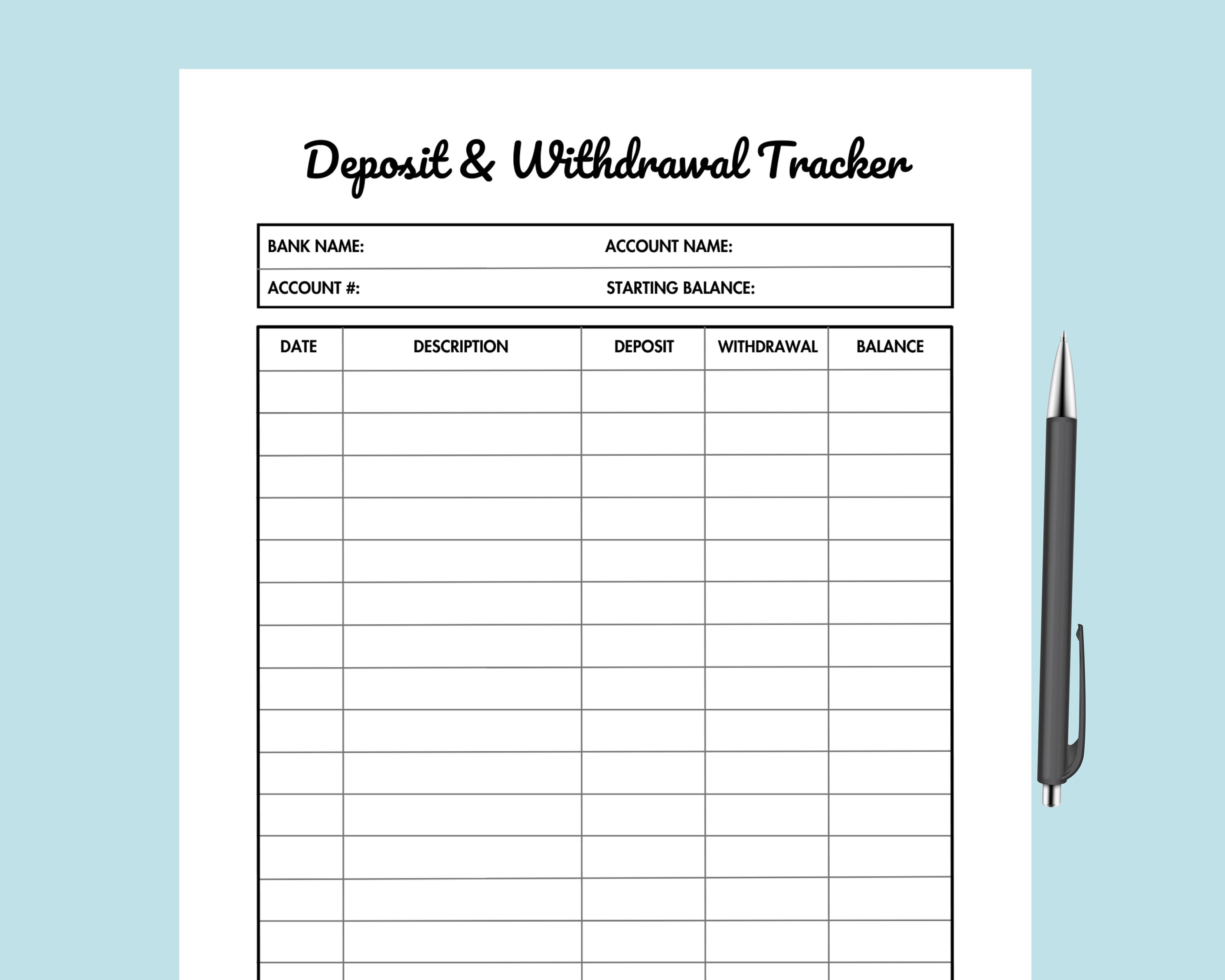 Deposit & Withdrawal Tracker Printable Bank Account Ledger PDF ...