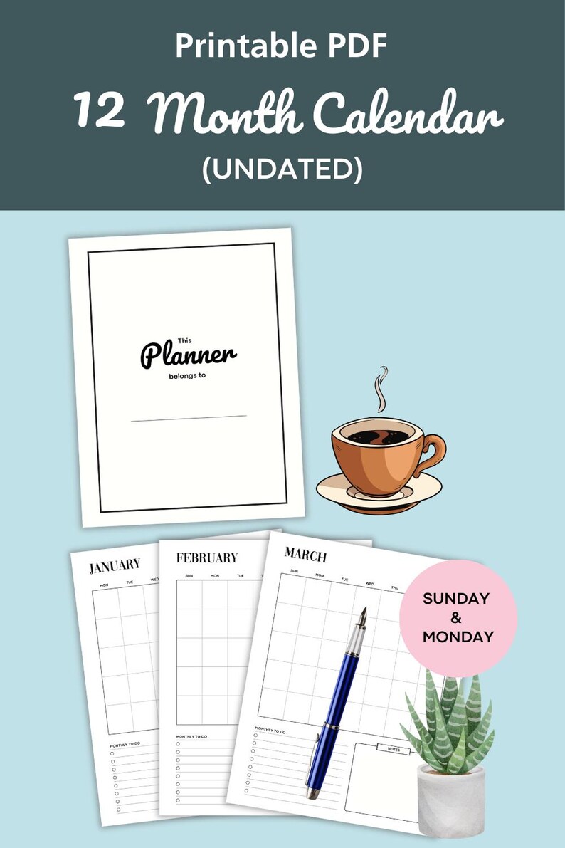 Monthly Calendar Undated Printable Minimalist Monthly Planner Undated ...