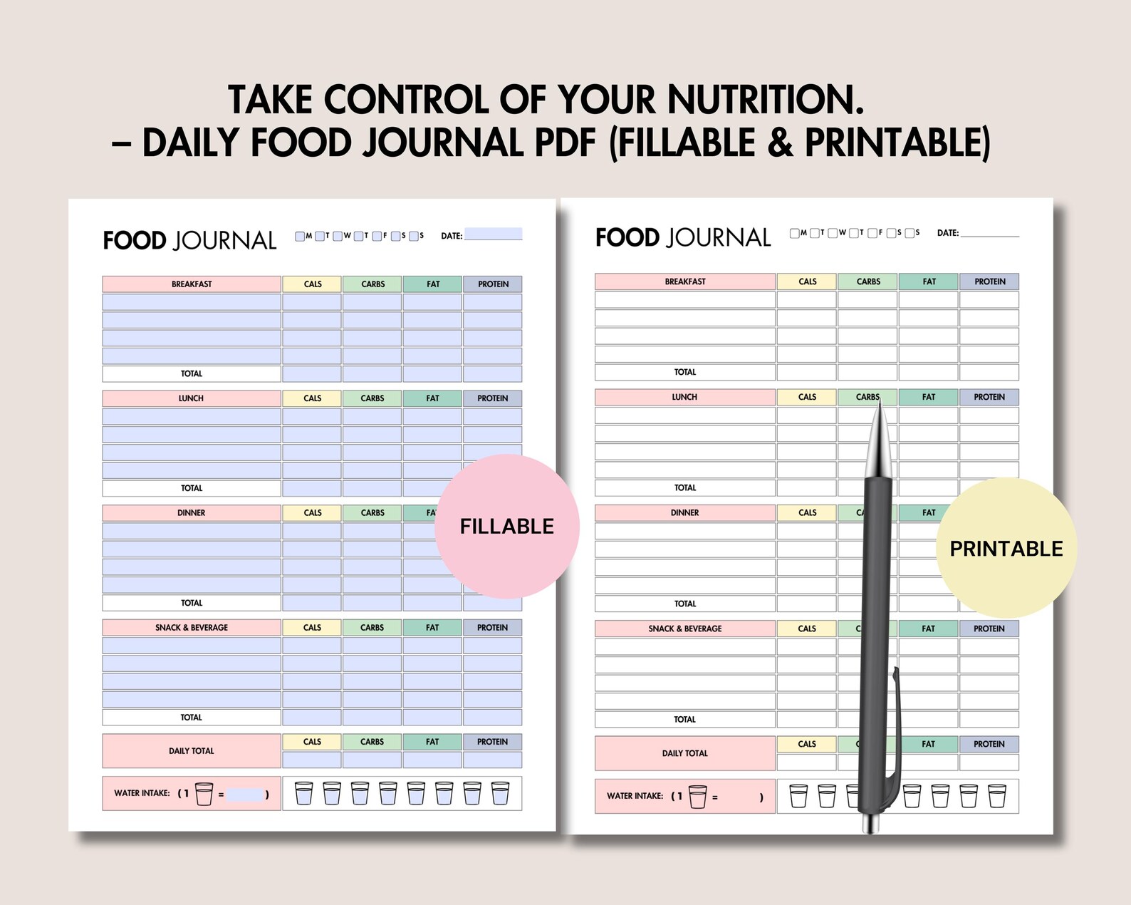 Daily Food Journal Printable and Fillable Calorie Tracker, Daily Food ...