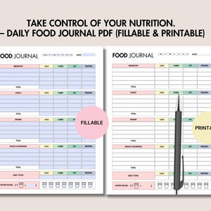 Daily Food Journal Printable and Fillable Calorie Tracker, Daily Food ...