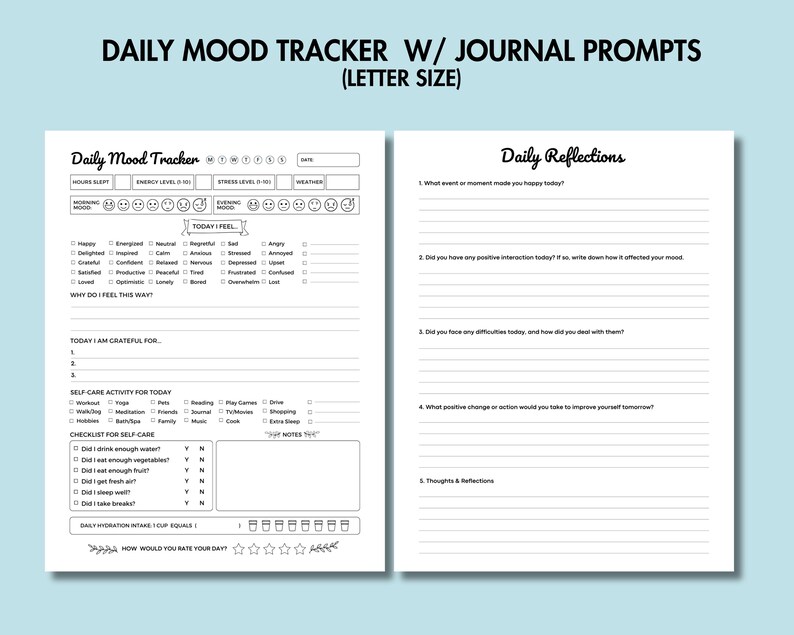 Daily Self Care Tracker Printable Mood Tracker Journal With Journal ...