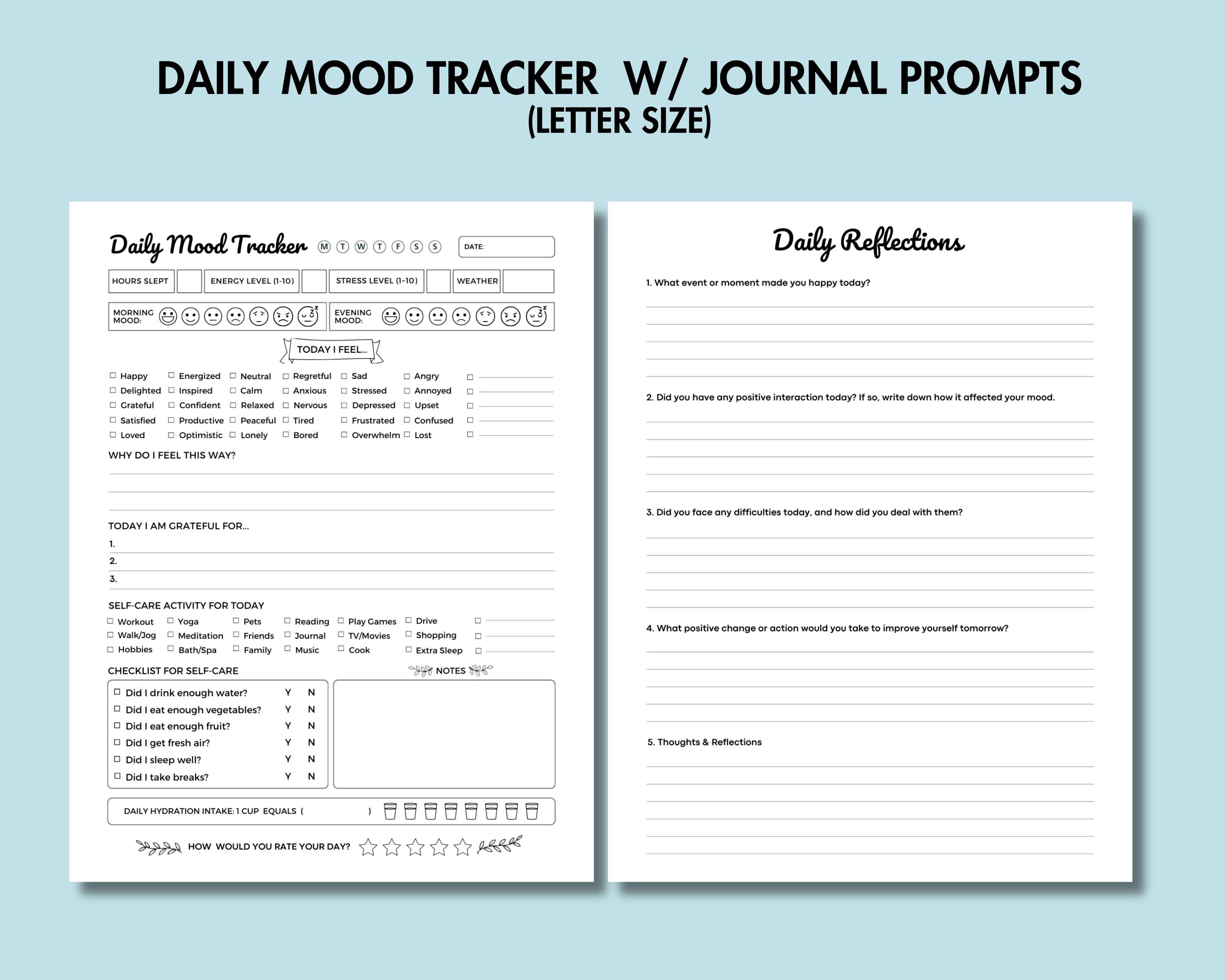 Daily Self Care Tracker Printable Mood Tracker Journal With Journal ...