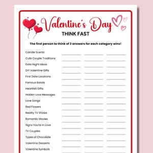 Valentine Think Fast Game Printable Valentine Day Party Game Instant ...