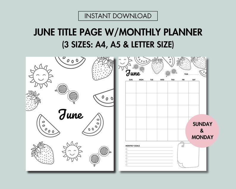 June Journal Title Page & June Monthly Planner Undated Printable June ...