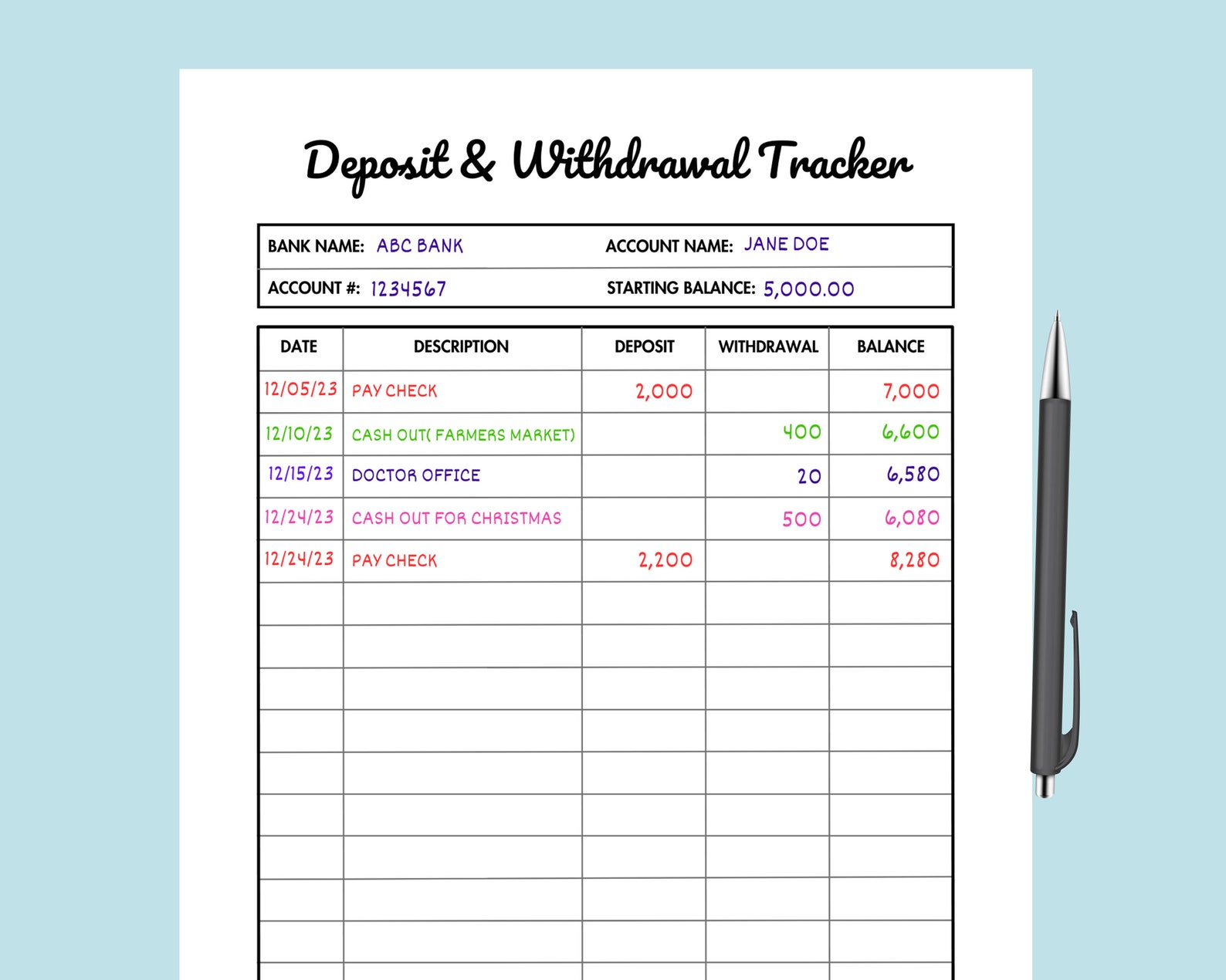Deposit & Withdrawal Tracker Printable Bank Account Ledger PDF ...