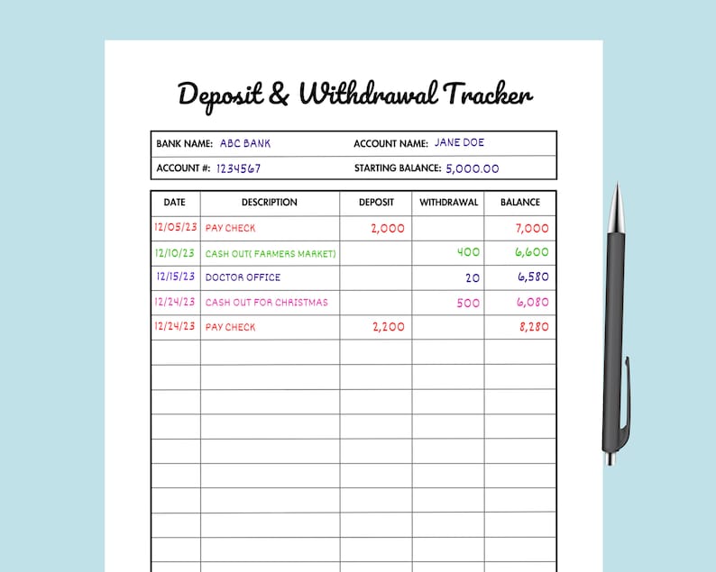 Deposit & Withdrawal Tracker Printable Bank Account Ledger PDF ...