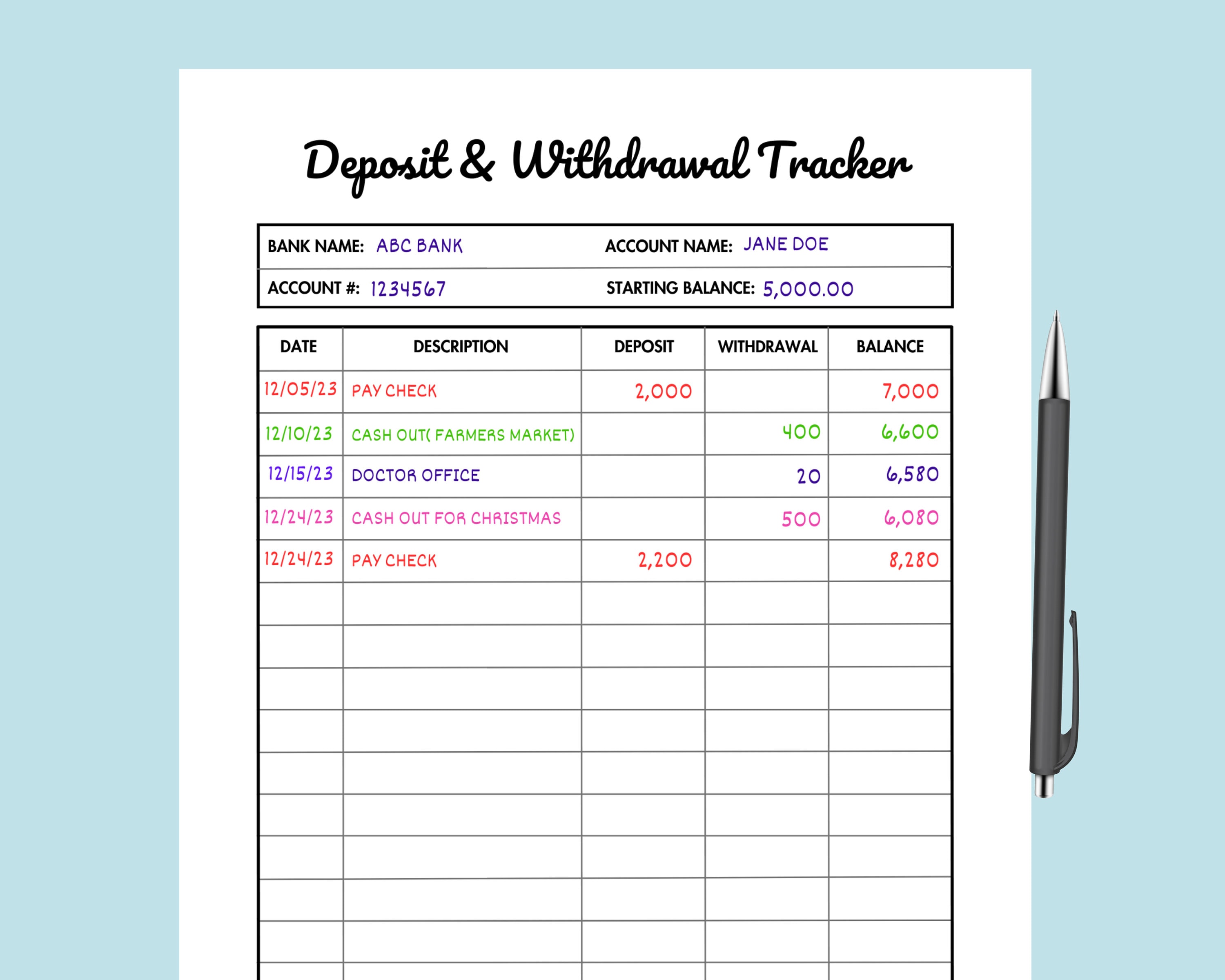Deposit & Withdrawal Tracker Printable Bank Account Ledger PDF ...