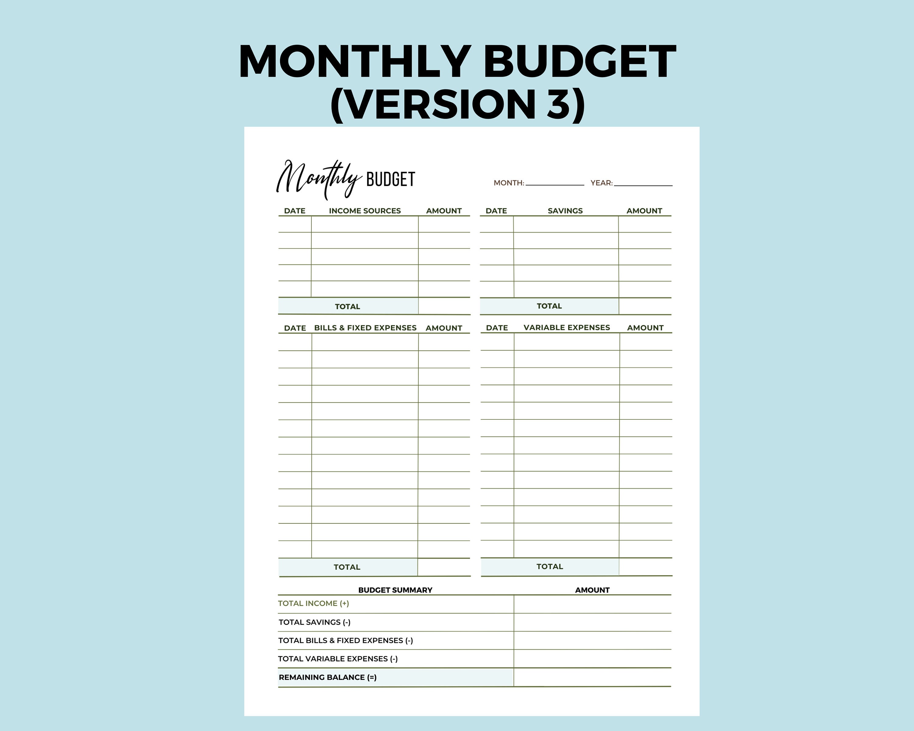 Monthly Budget Planner Printable Finance Planner Digital Download ...
