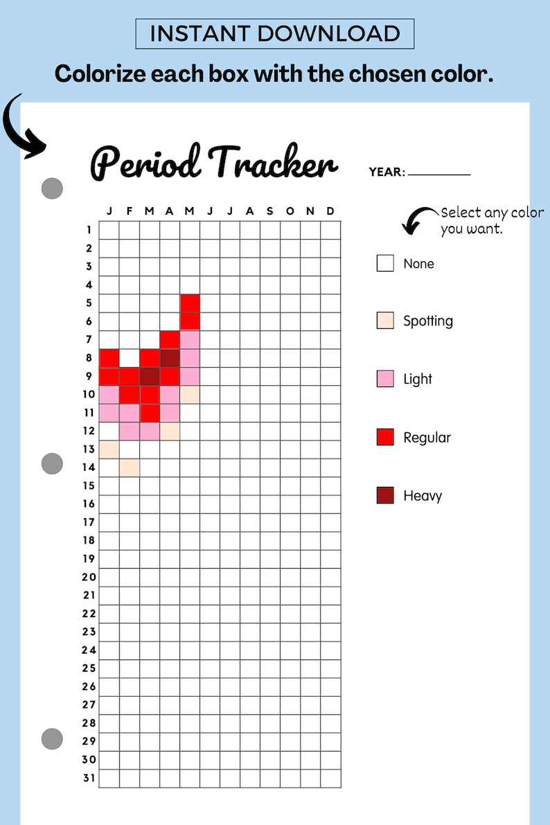 Period Tracker Printable Year in Pixel Period Tracking Chart PDF ...