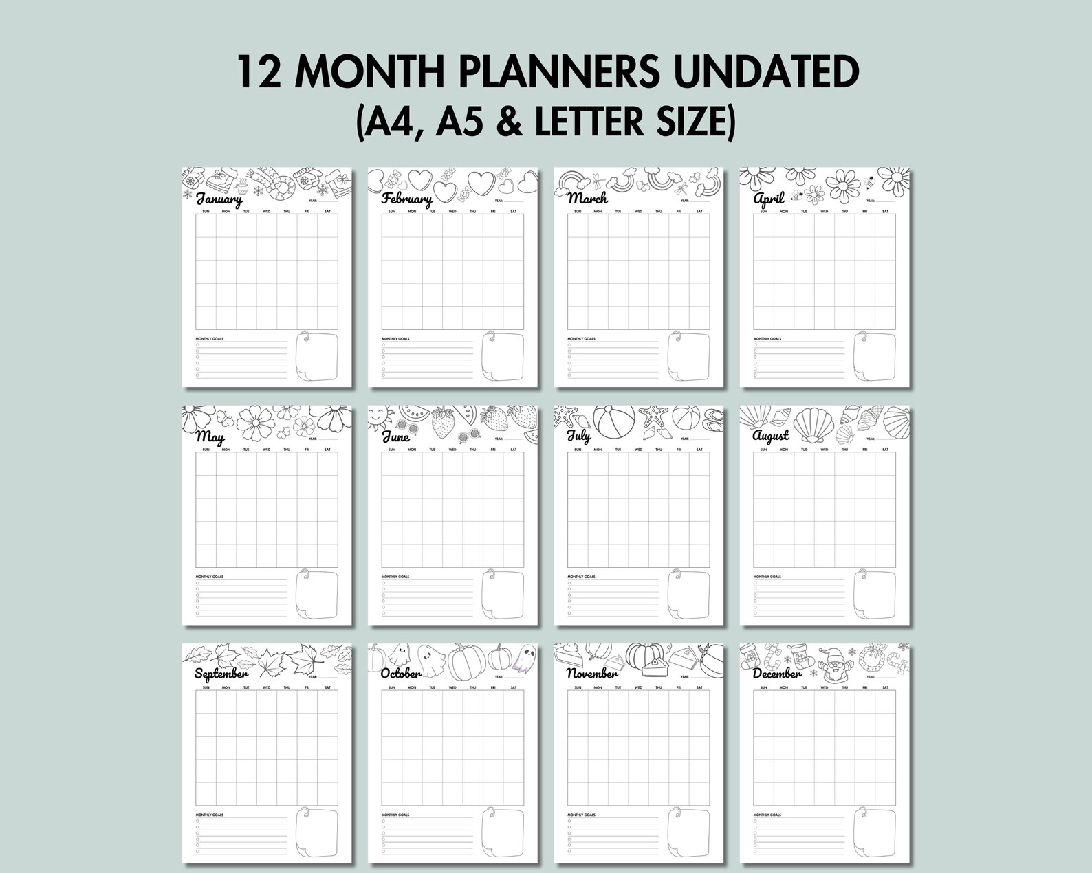 Monthly Journal Title Page and Undated Monthly Planner Set Printable ...