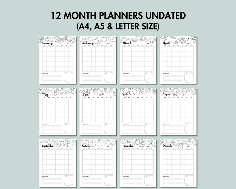Monthly Journal Title Page and Undated Monthly Planner Set Printable ...