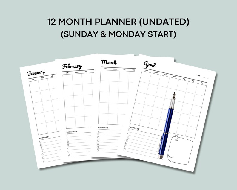 Monthly Planner Undated Printable Monthly Schedule Organizer 12 Month ...