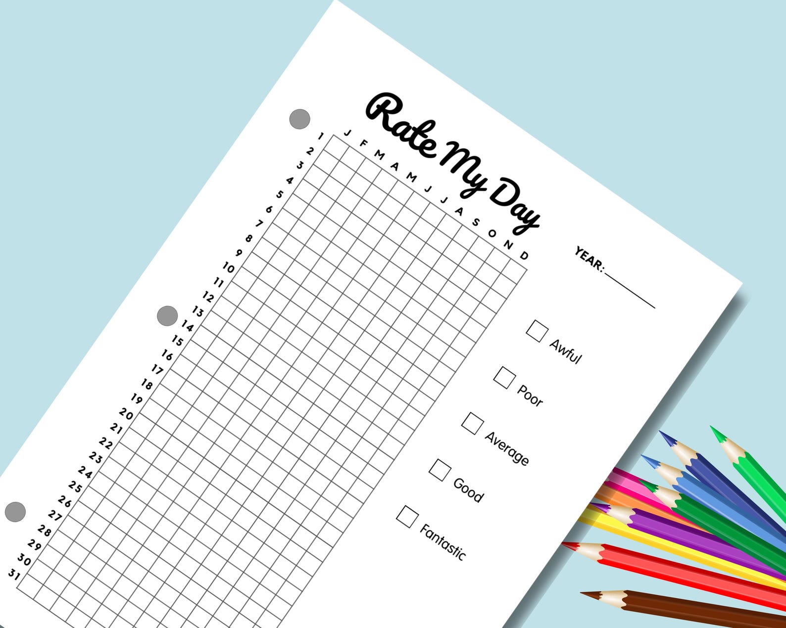 Rate My Day Tracker Printable Daily Rating Tracker Year in Pixels ...