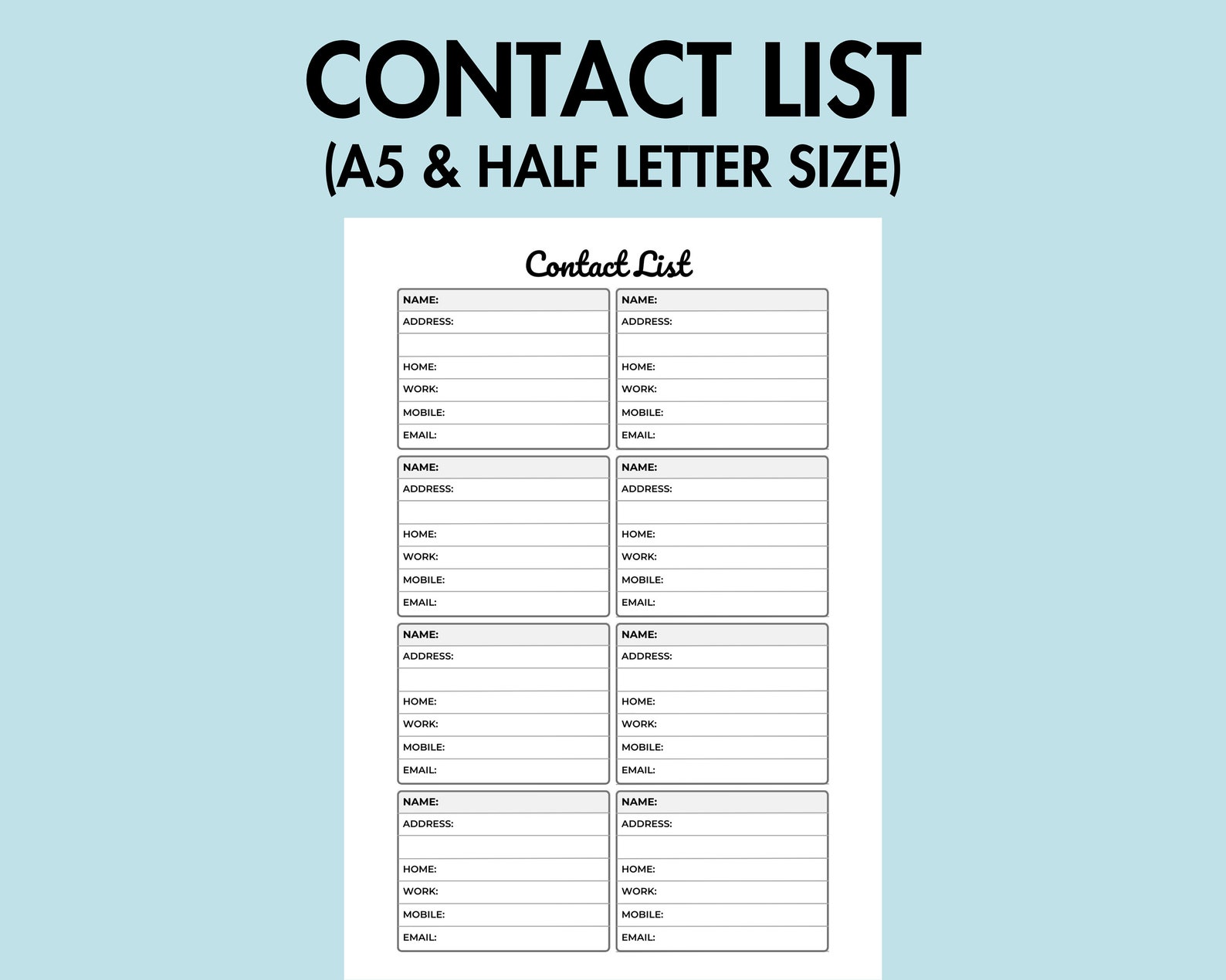 Contact List Printable Personal Contact Organizer Emergency Contact ...