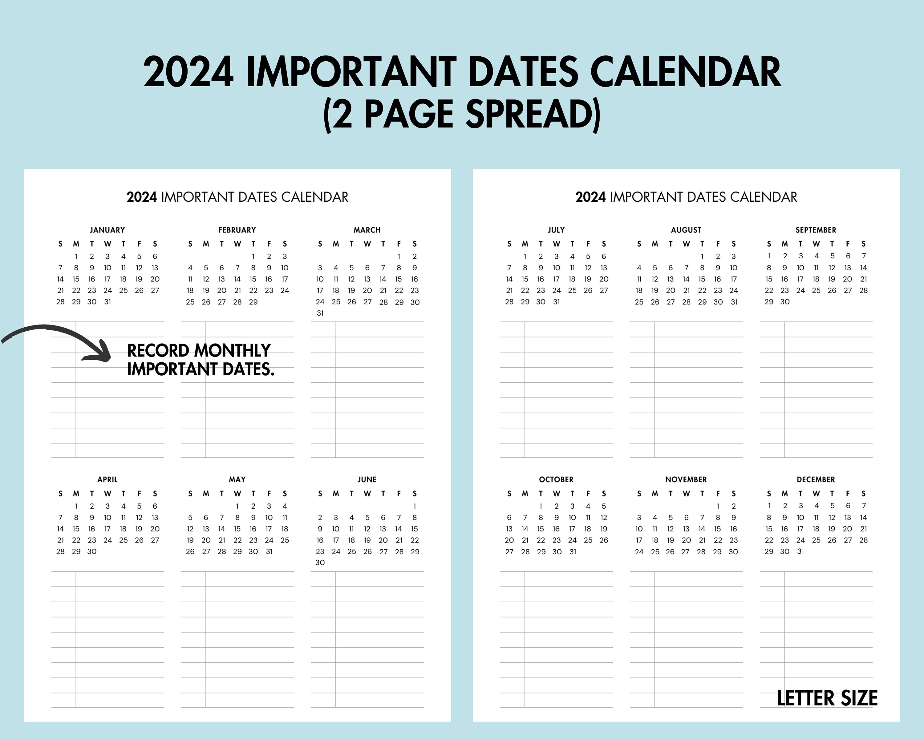 2024 Yearly Calendar for Important Dates on 2 Pages, 2024 Yearly ...