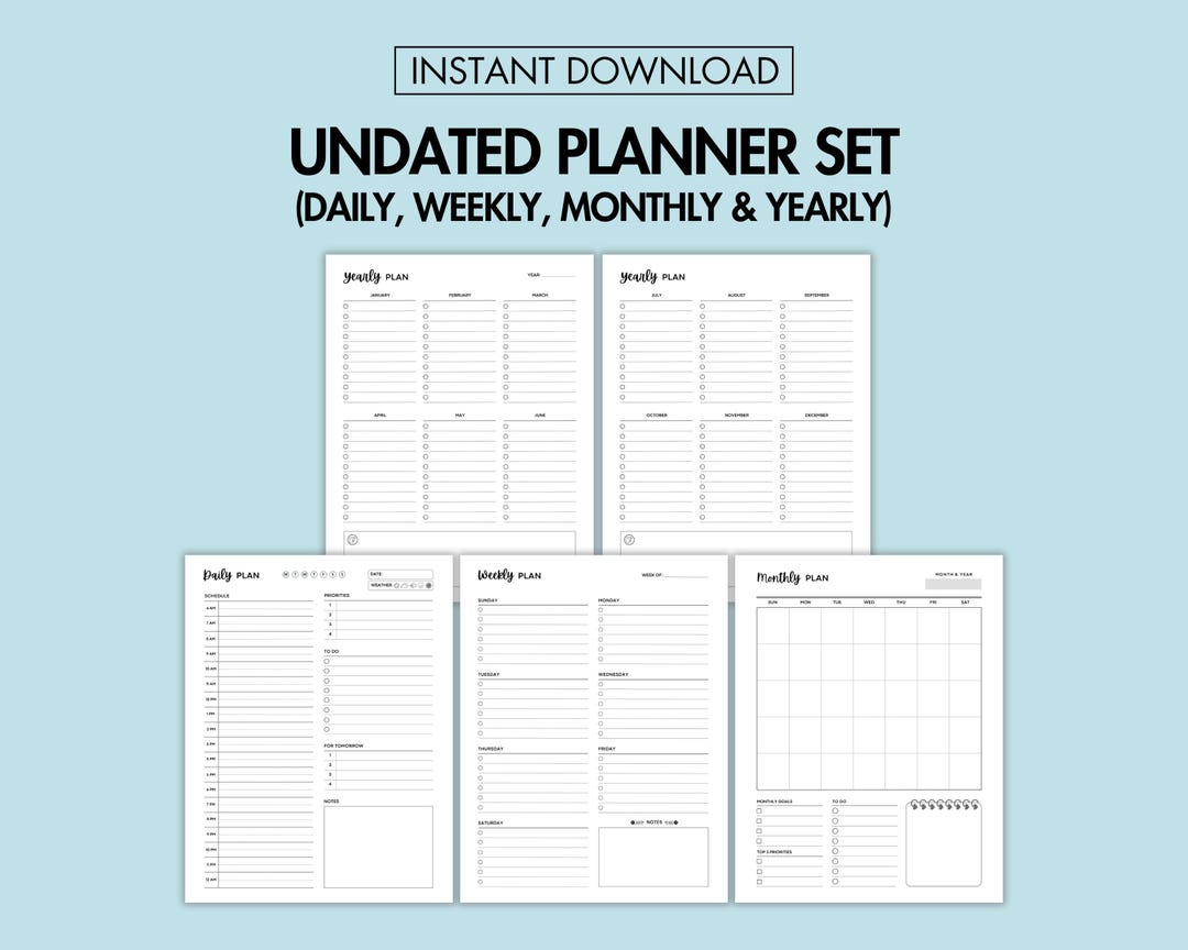 Undated Planner Bundle Printable Daily Weekly Monthly & Yearly Planner ...