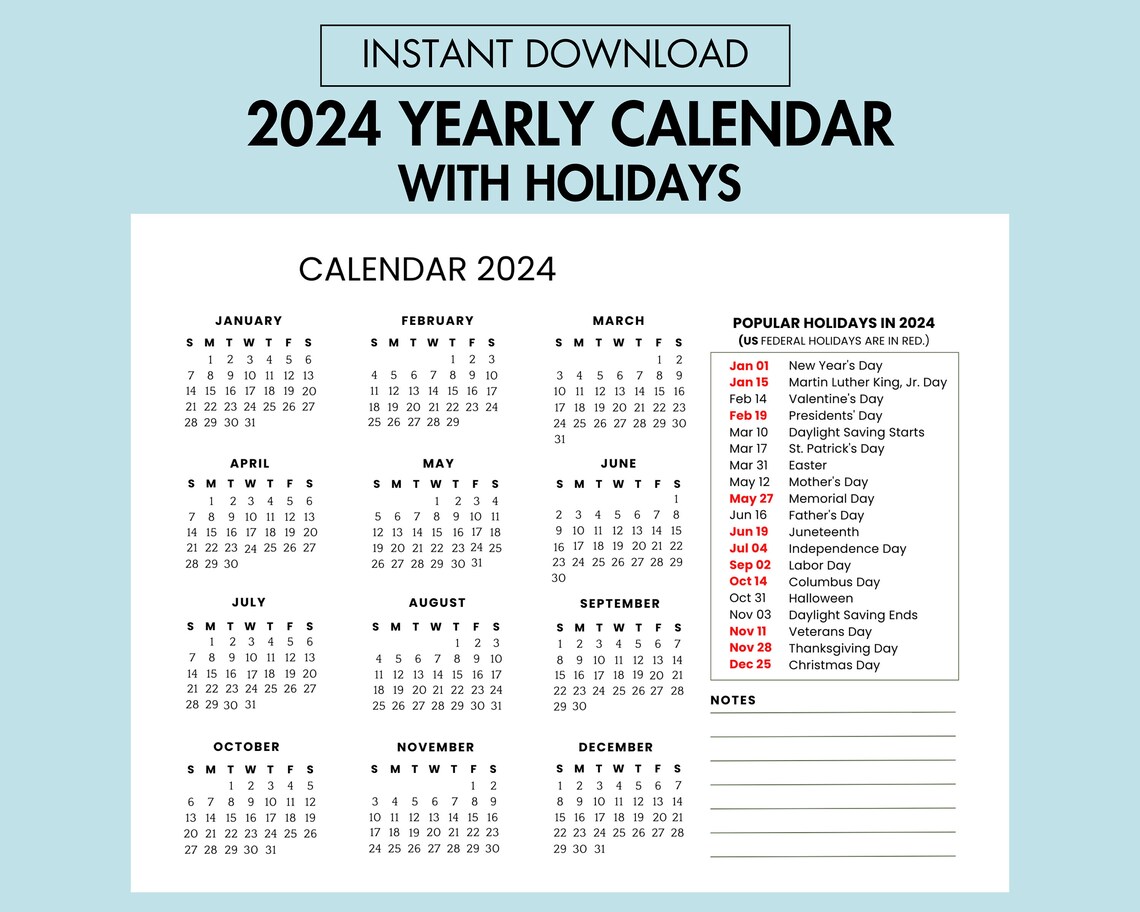 2024 Yearly Calendar With US Holidays, 2024 Yearly Overview Printable ...