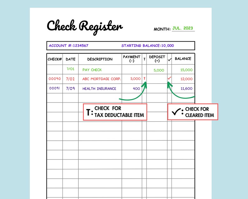 Checkbook Register Printable Check Register PDF Money Tracker, Money ...
