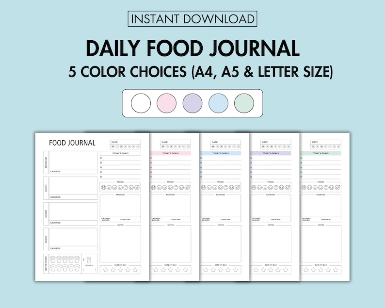Daily Food Journal Printable Food Diary PDF Calorie Tracker, Daily Meal ...