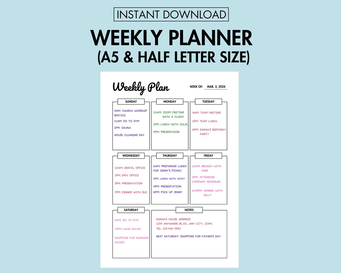 Weekly Planner Undated Printable Weekly Work Schedule PDF Weekly to Do ...