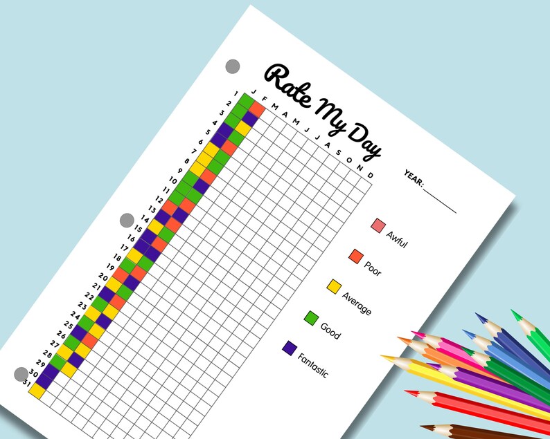Rate My Day Tracker Printable Daily Rating Tracker Year in Pixels ...