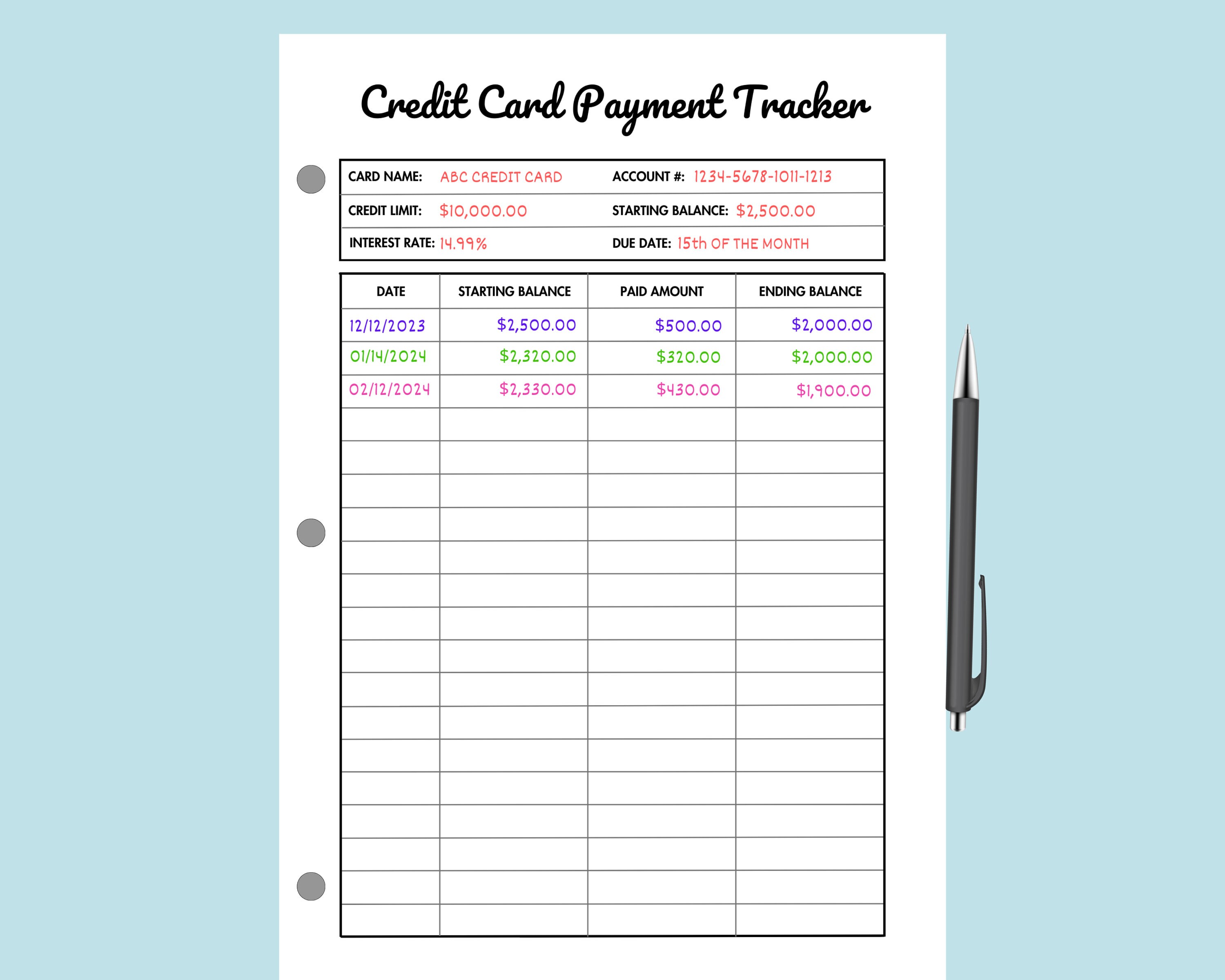 Credit Card Payment Tracker for Personal Finance Downloadable Credit ...