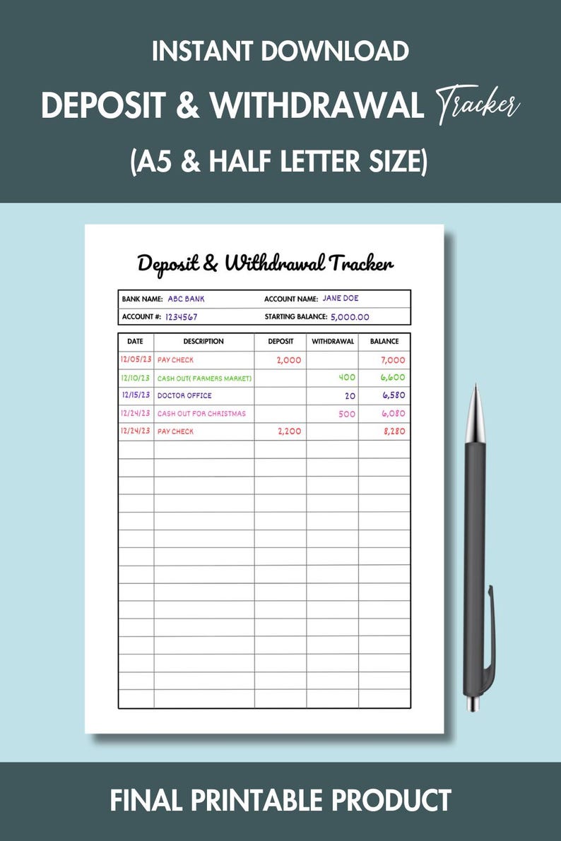 Deposit & Withdrawal Tracker Printable Bank Account Ledger PDF ...