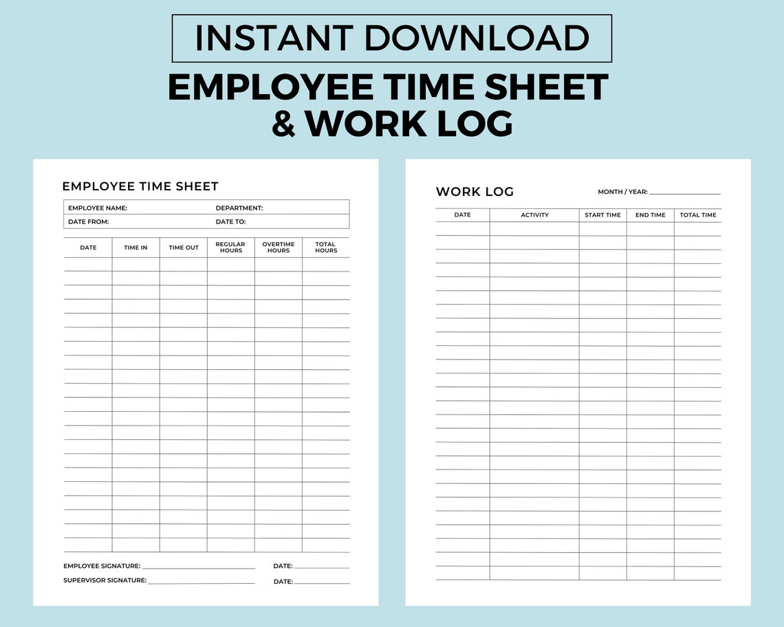 Employee Time Sheet Log Printable Time Sheet Tracker, Work Hours Log ...