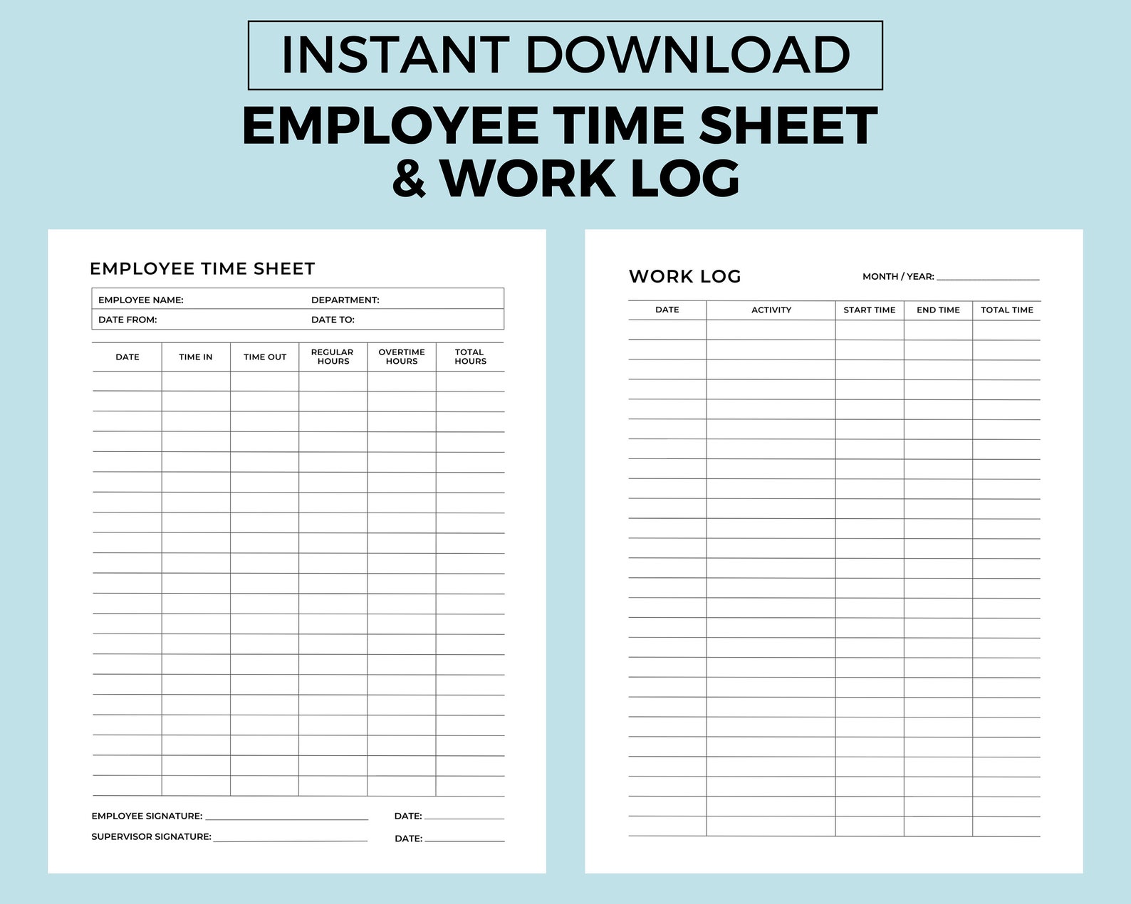 Employee Time Sheet Log Printable Time Sheet Tracker, Work Hours Log ...