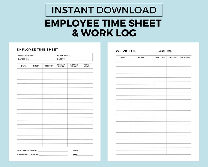 Employee Time Sheet Log Printable Time Sheet Tracker, Work Hours Log ...